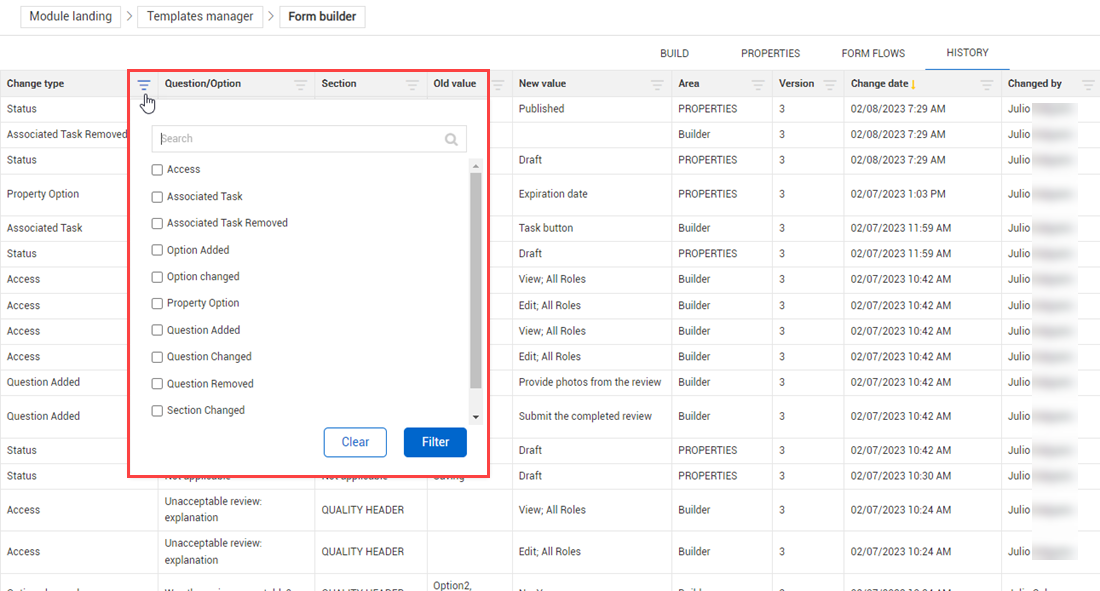 Template History Tab